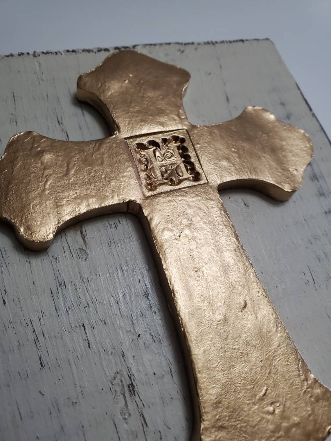 Handmade Clay Gold Leaf Cross Personalized With Initial - on Wood ...