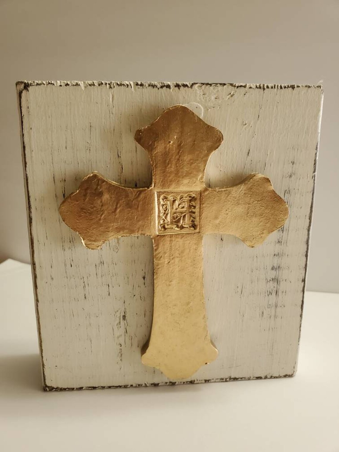 Handmade Clay Gold Leaf Cross Personalized With Initial - on Wood ...