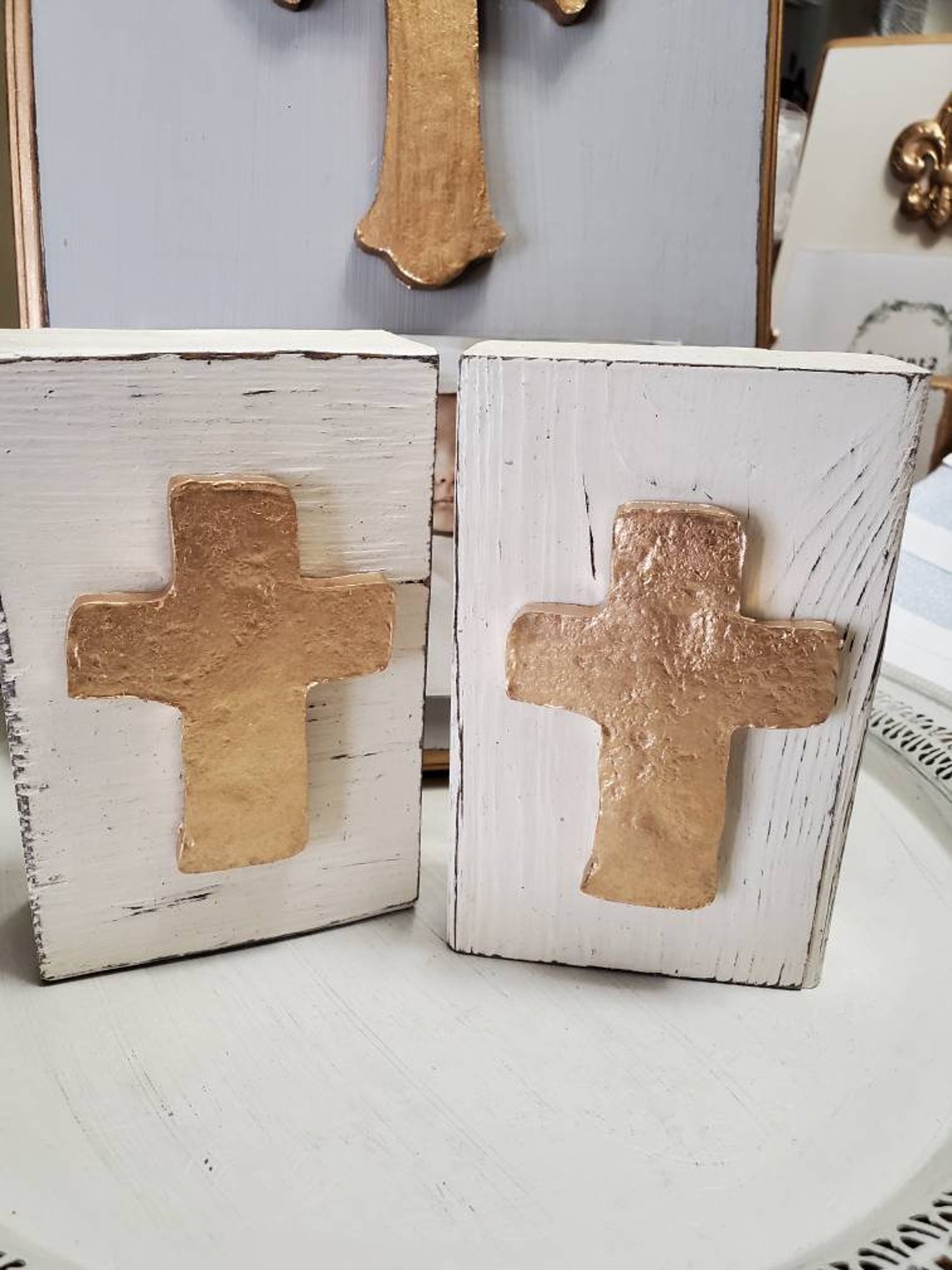 Hand Painted Wooden Oyster White Block With Clay Gold Cross - Etsy