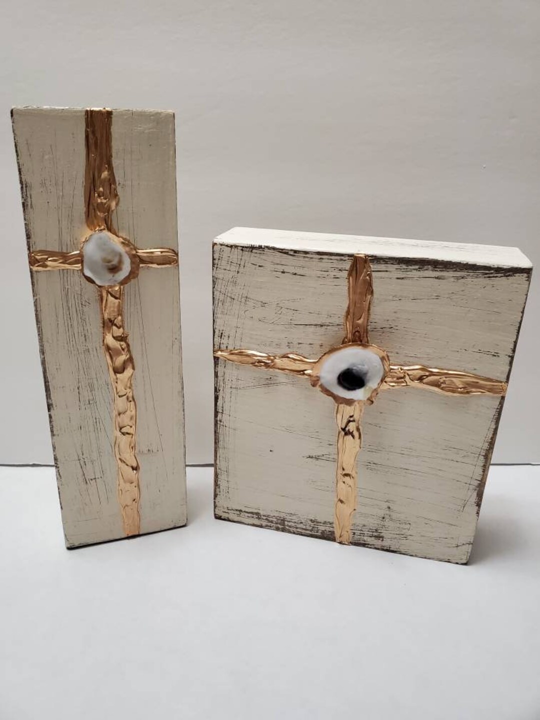 Hand Painted Wooden Block With Gold Cross and Oyster Shell - Etsy