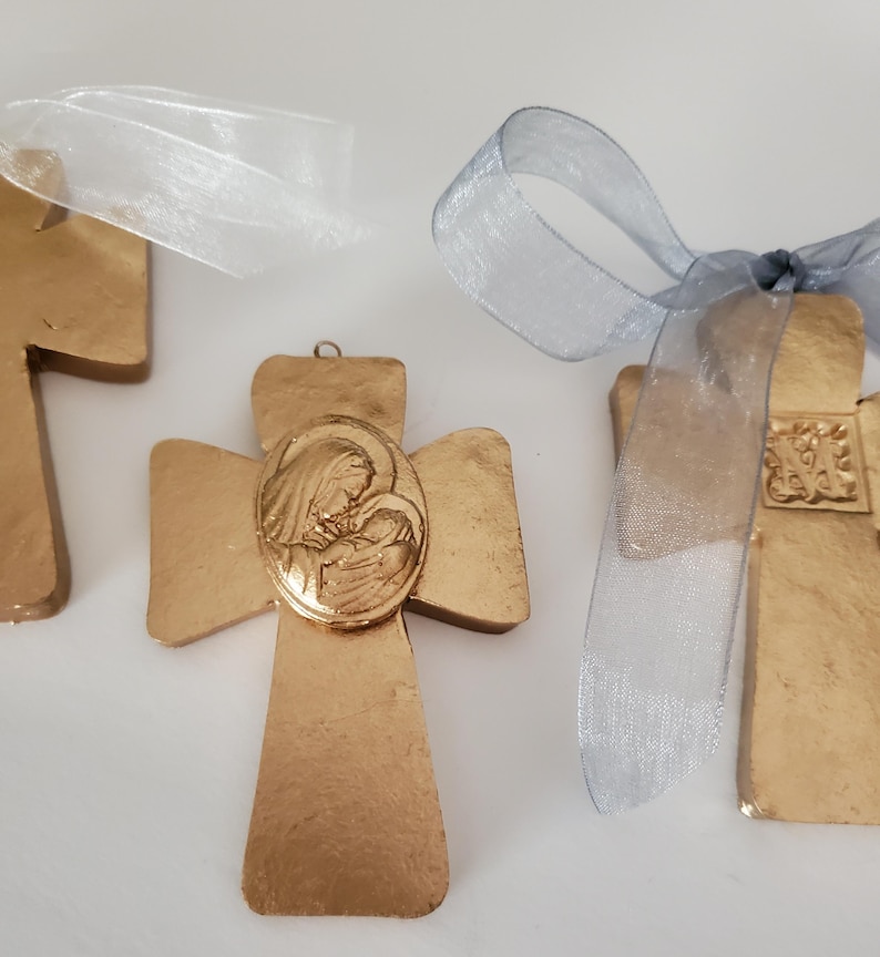 Gold Clay Cross Ornament: Handmade Catholic Gift With Ribbon - Etsy
