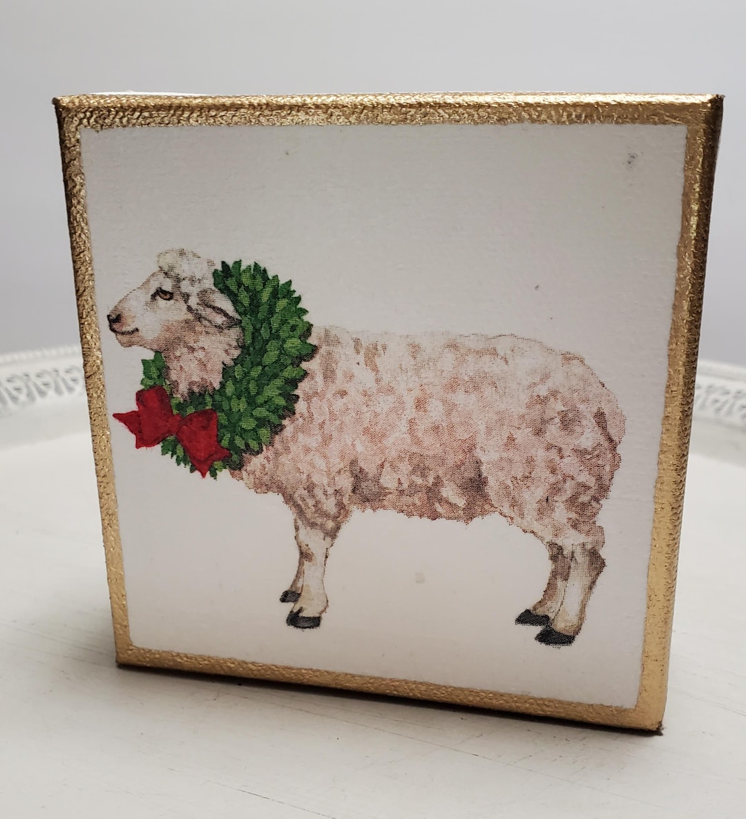 Sheep With Wreath Design on Canvas With Gold Accents 4x4 Hostess Gift ...