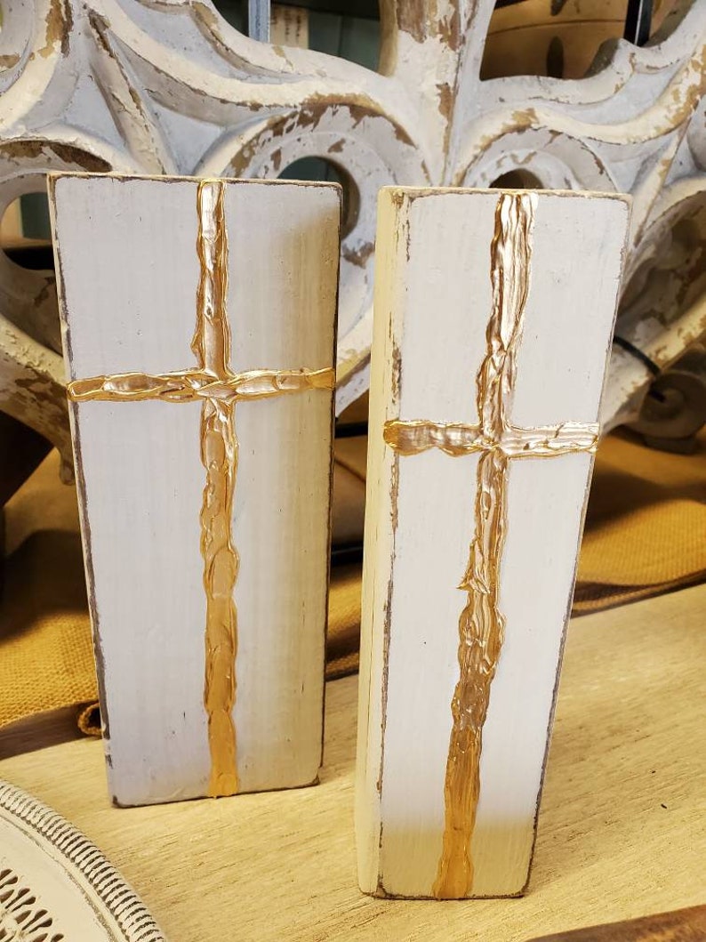 Hand Painted Wooden Gold Cross Block - Etsy