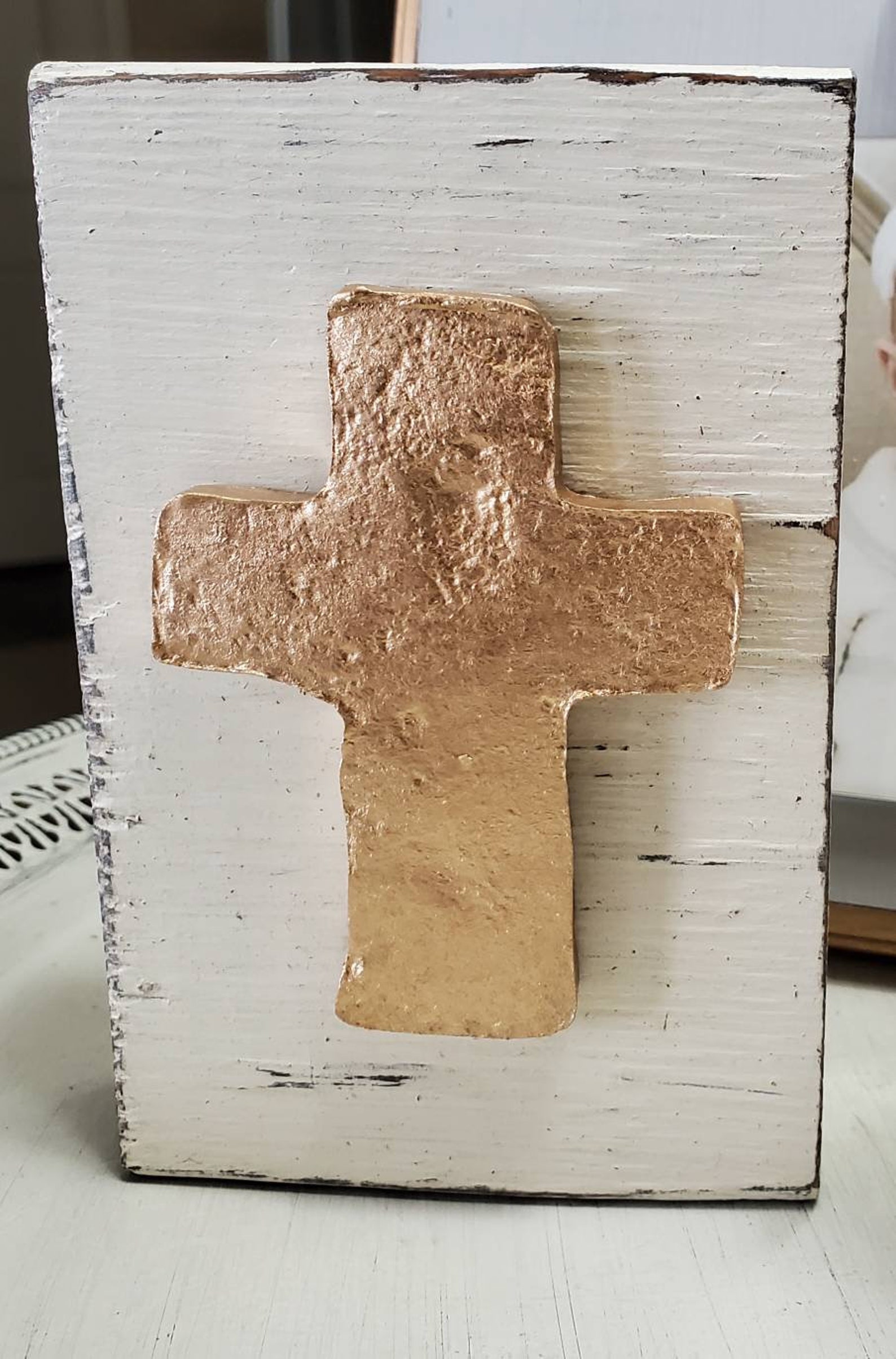 Hand Painted Wooden Oyster White Block With Clay Gold Cross - Etsy
