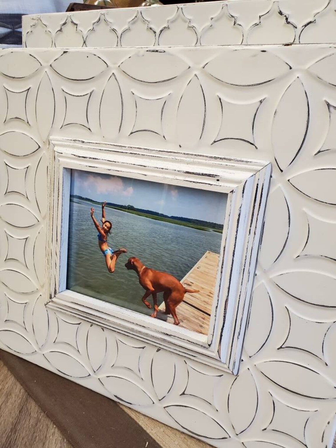 Distressed Handmade Picture Frame Painted White / Embossed - Etsy