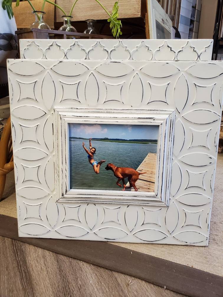Distressed Handmade Picture Frame Painted White / Embossed | Etsy