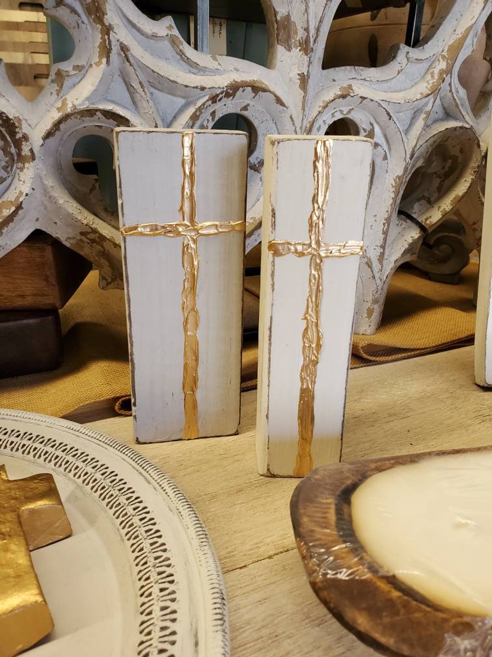 Hand Painted Wooden Gold Cross Block - Etsy