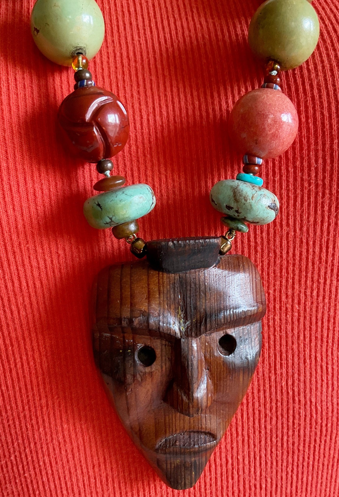 Fantastic Tiki Necklace W/ Semi Precious Beads and Carved Wood Tiki ...