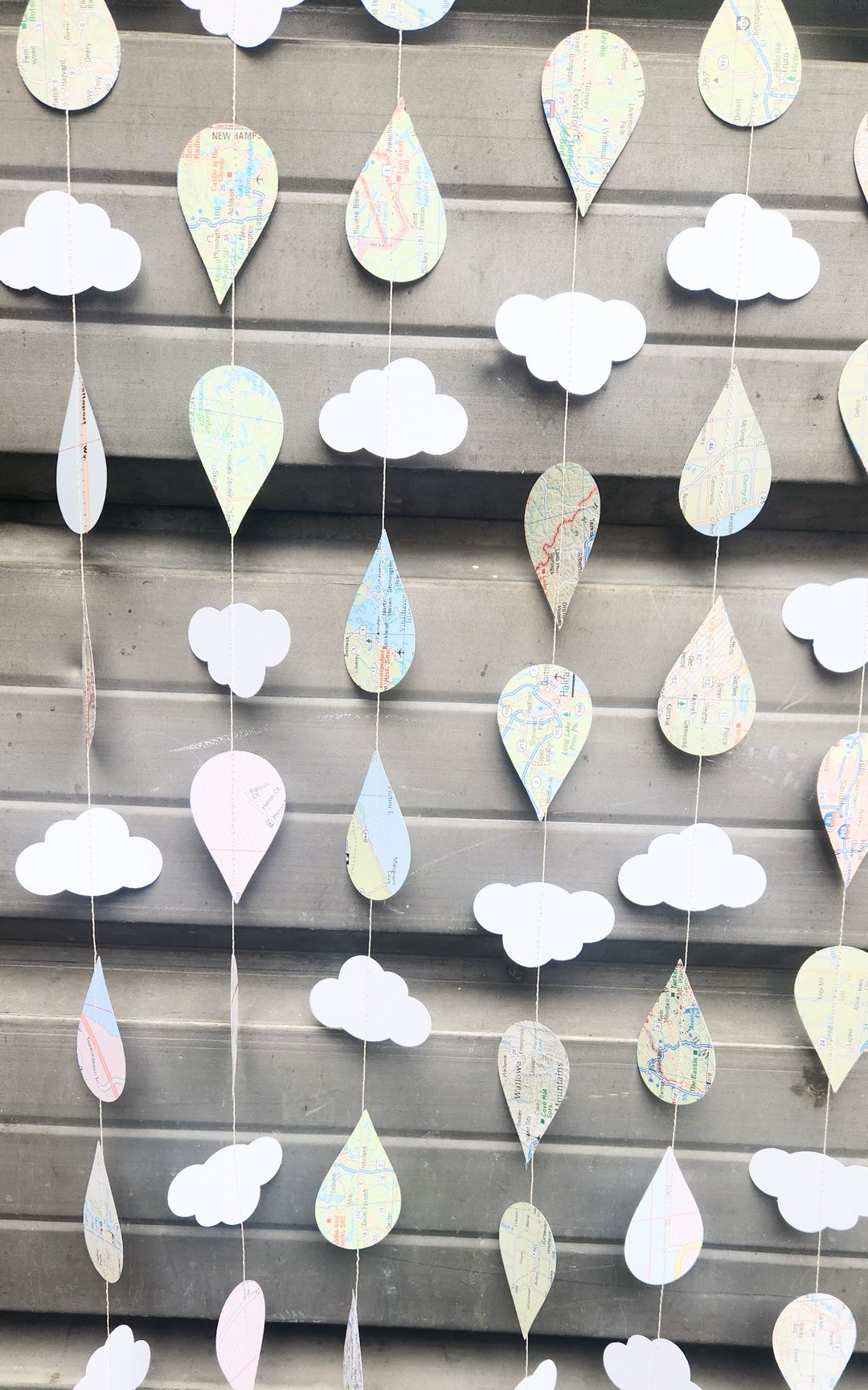 Raindrop Paper Garland Made From Map Pages, Sprinkles Shower Garland ...