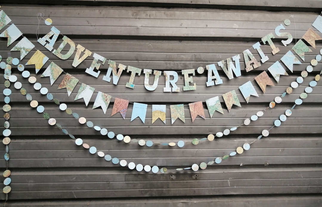 Adventure Awaits Party Decorations Package, Map Paper Garlands, Travel ...