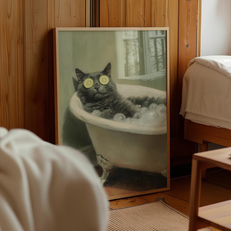 Funny Cat Bathroom Wall Art | Cucumber Spa Day Cat Print (digital ...