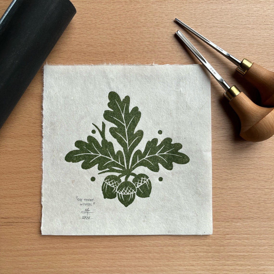 Three Wishes Oak Leaf and Acorn Lino Print - Etsy