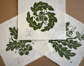 Mini Oak Leaf and Acorn Lino Print Hand Printed on Olive Lokta Paper ...