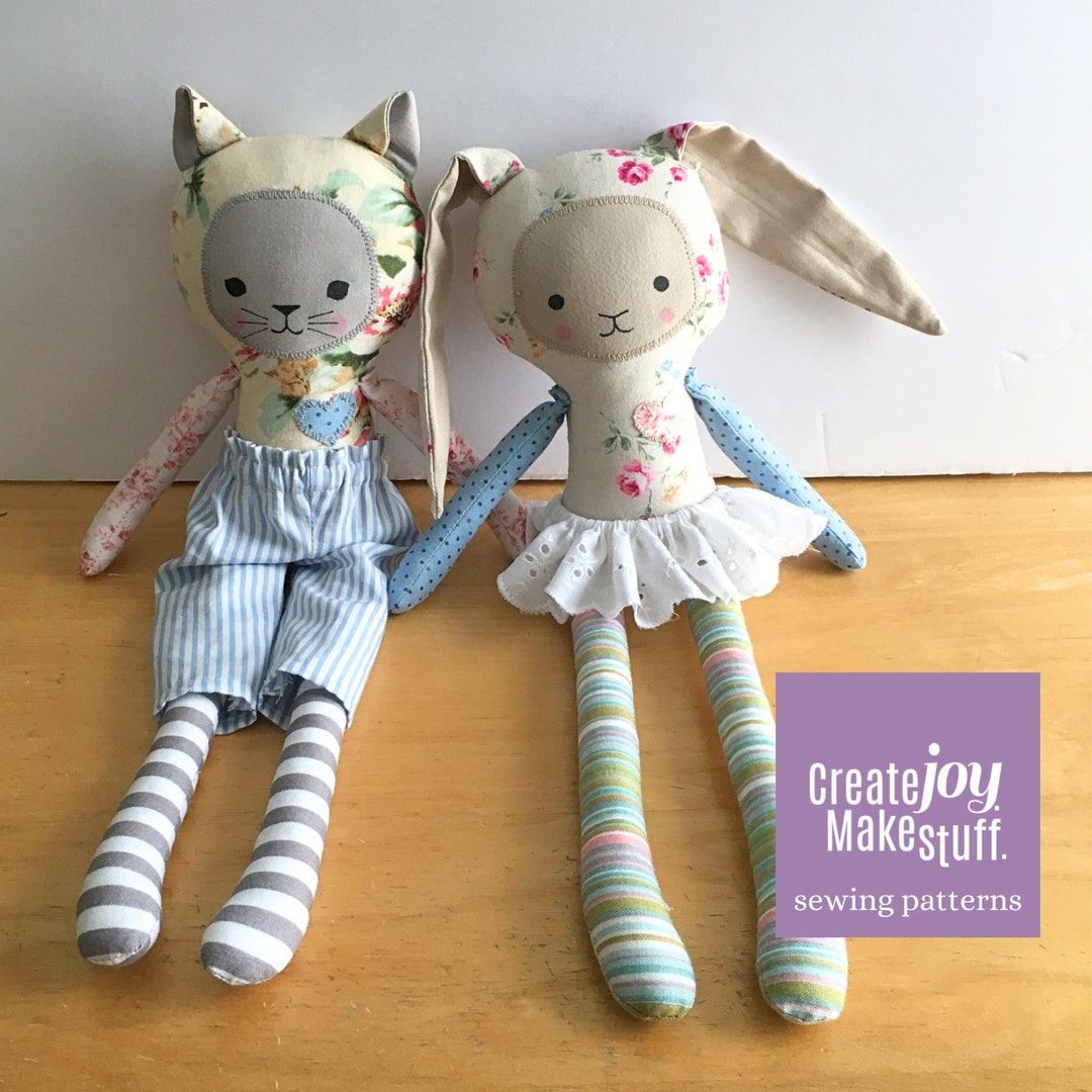 Cat + Rabbit Rag Doll Sewing Pattern PDF – Sew a Handmade 13 Inch Cloth ...