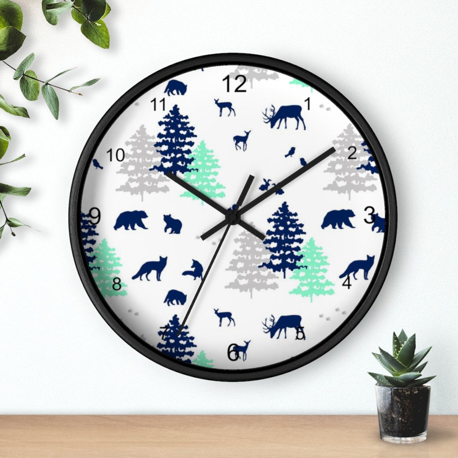 Woodland Animals Forest Pine Trees Wall Clock Navy Blue Mint | Etsy