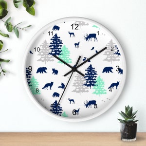 Woodland Animals Forest Pine Trees Wall Clock Navy Blue Mint - Etsy