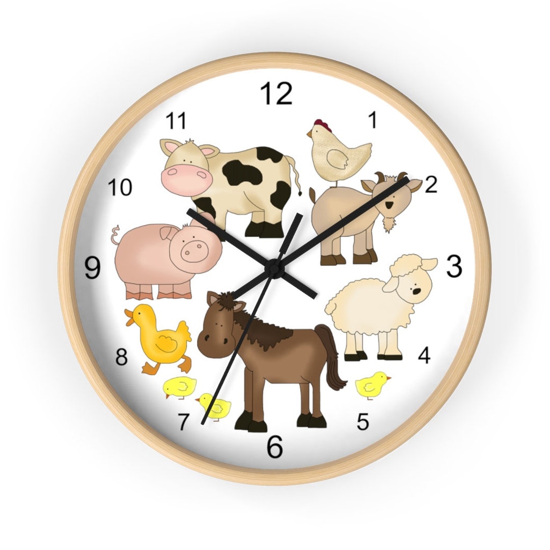 Farm Animals Neutral Nursery Baby Girl Boy Silent Wall Clock Kids Room ...