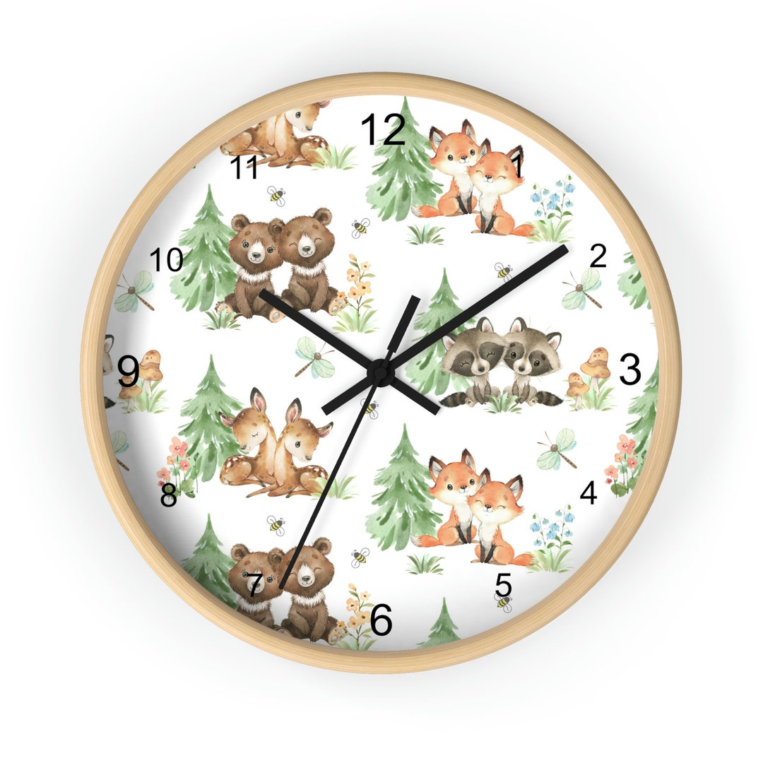Woodland Animals Nursery Wall Clock Baby Girl Pine Tree Floral Forest ...