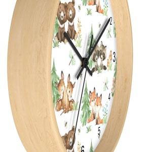 Woodland Animals Nursery Wall Clock Baby Girl Pine Tree Floral Forest ...
