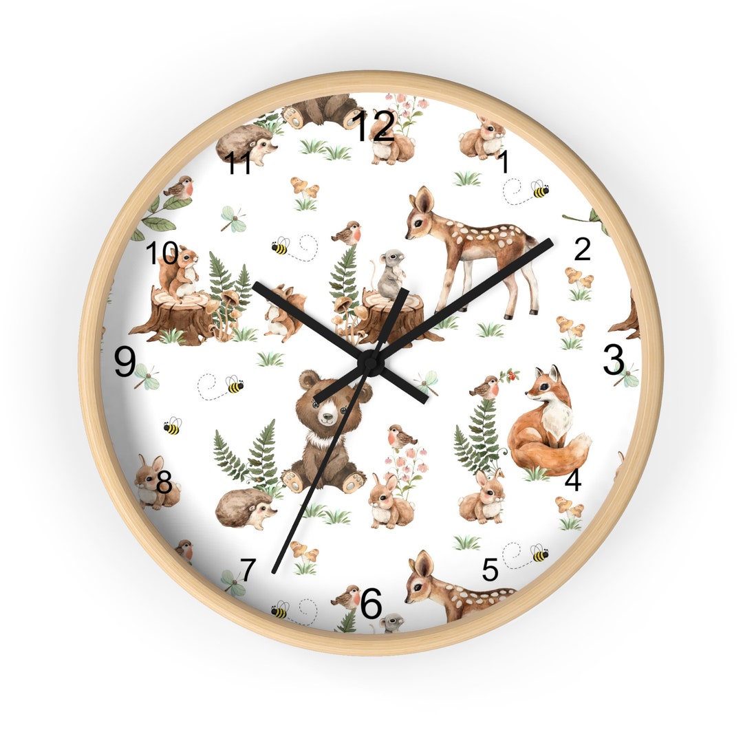 Woodland Forest Animals Baby Girl Boy Nursery Silent Wall Art Clock ...