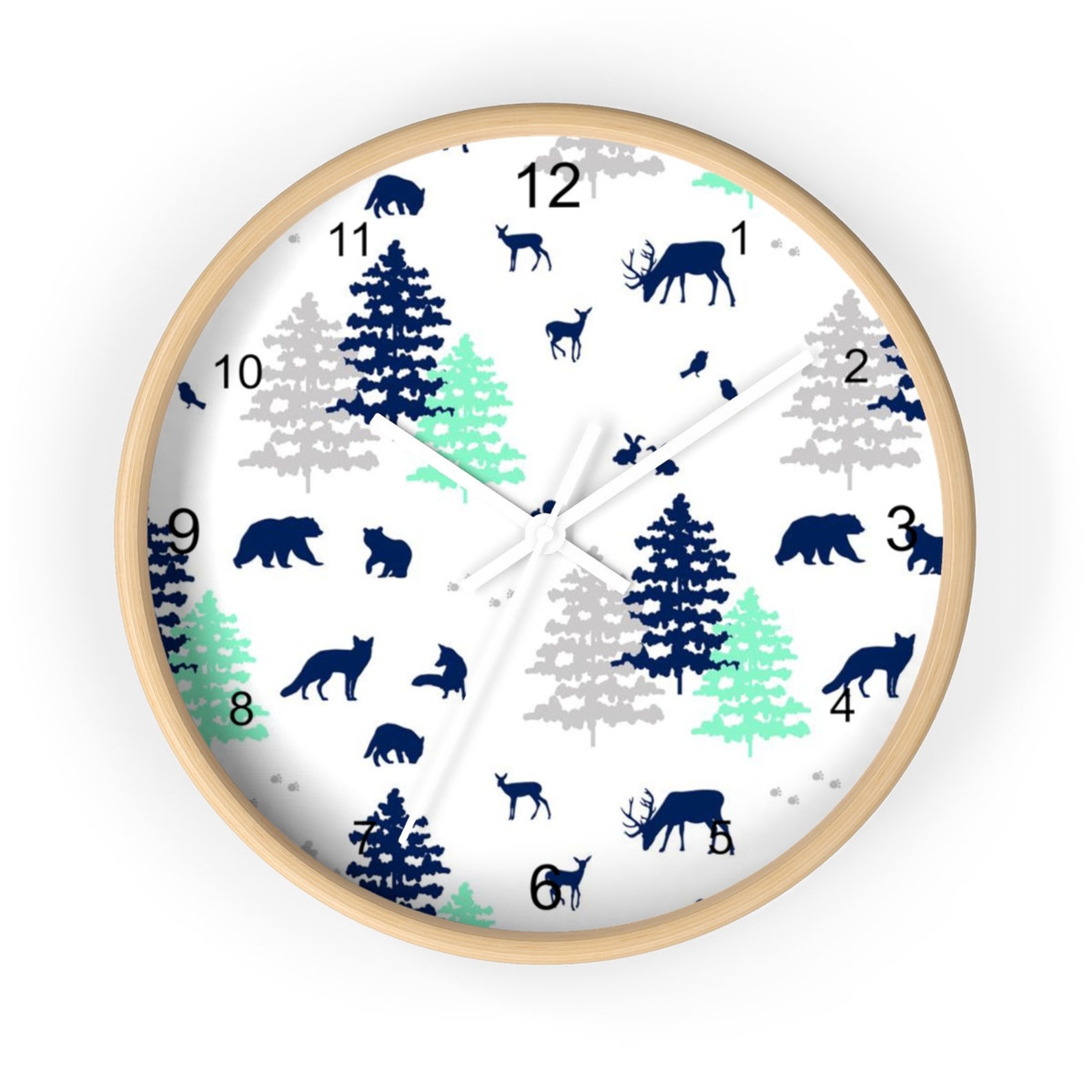 Woodland Animals Forest Pine Trees Wall Clock Navy Blue Mint | Etsy