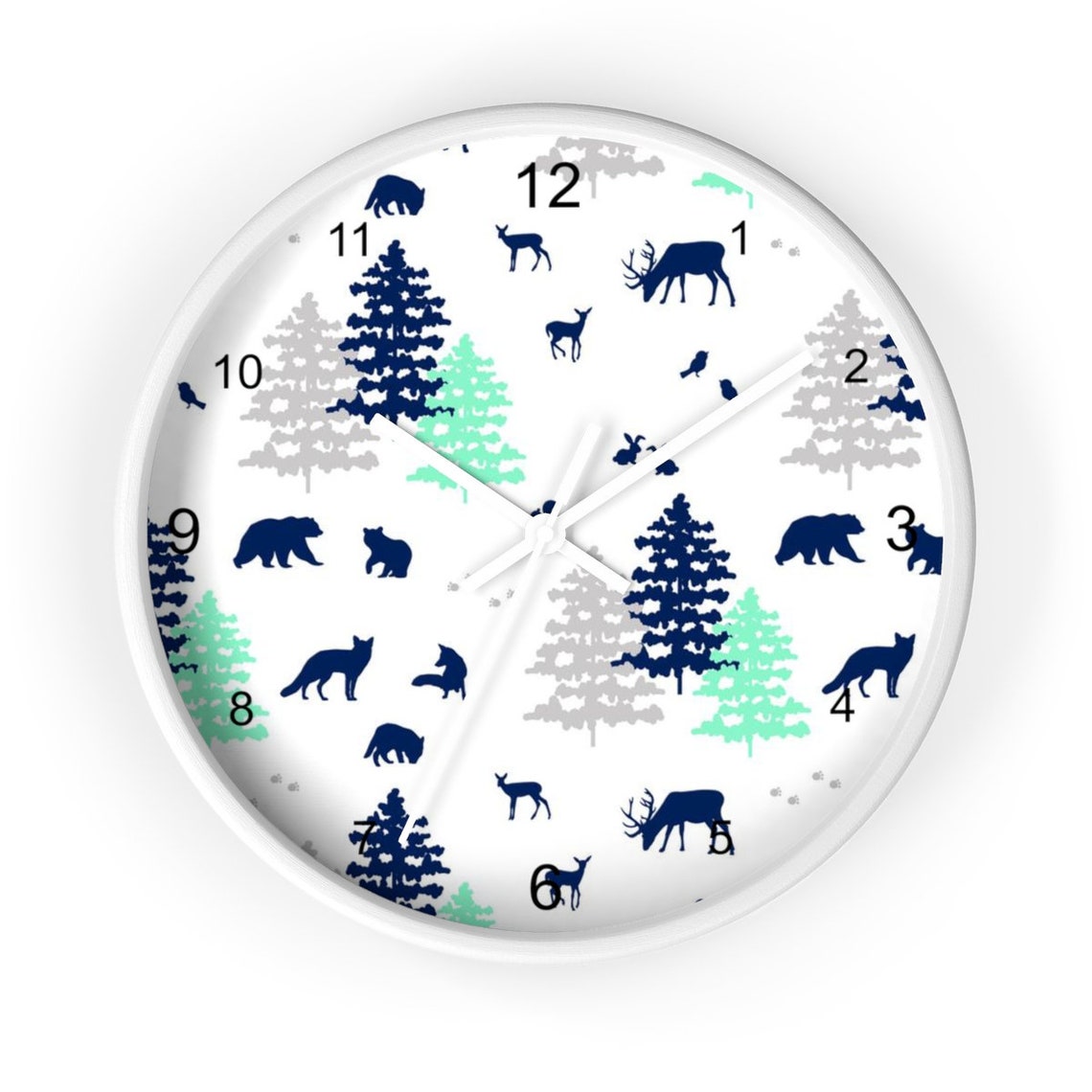 Woodland Animals Forest Pine Trees Wall Clock Navy Blue Mint | Etsy