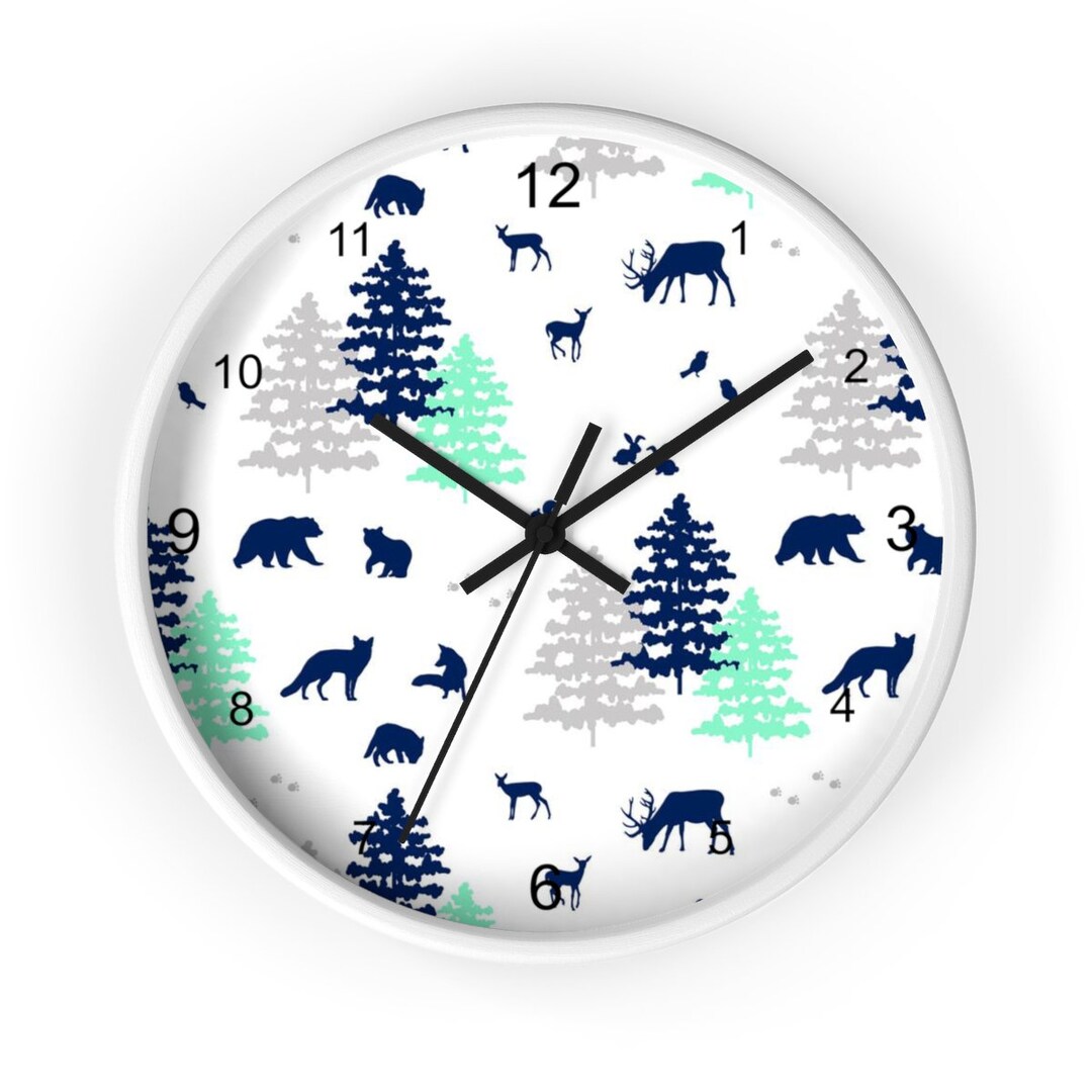 Woodland Animals Forest Pine Trees Wall Clock Navy Blue Mint - Etsy