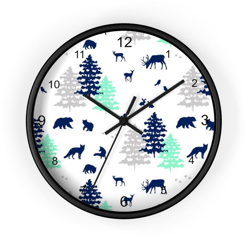 Woodland Animals Forest Pine Trees Wall Clock Navy Blue Mint | Etsy