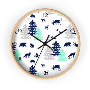 Woodland Animals Forest Pine Trees Wall Clock Navy Blue Mint - Etsy