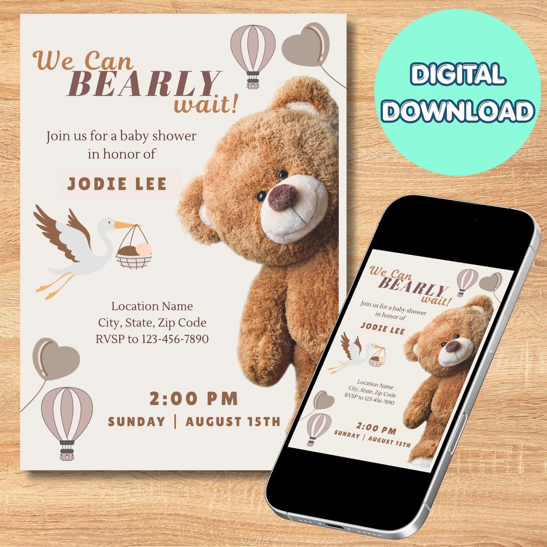 Teddy Bear Custom Card | Neutral Baby Shower Invitation (editable ...