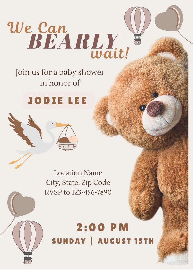 Teddy Bear Custom Card | Neutral Baby Shower Invitation (editable ...