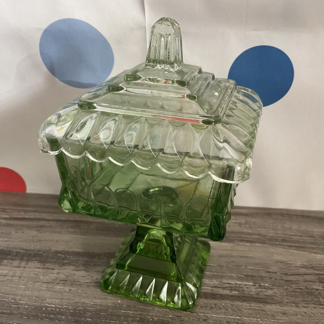 Mid Century Vintage Green Depression Glass Candy Dish Lidded - Etsy