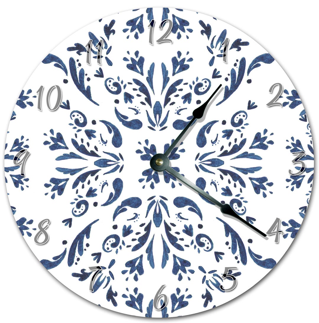 10.5" Blue and White Artistic Design Clock - Living Room Clock - Large ...