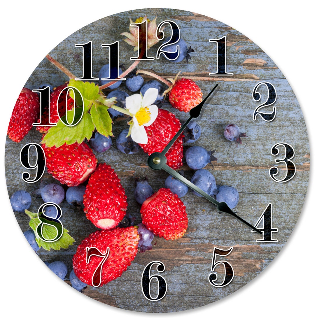 BLUEBERRIES AND STRAWBERRIES Clock Large 10.5 Inch Clock Novelty Clocks ...