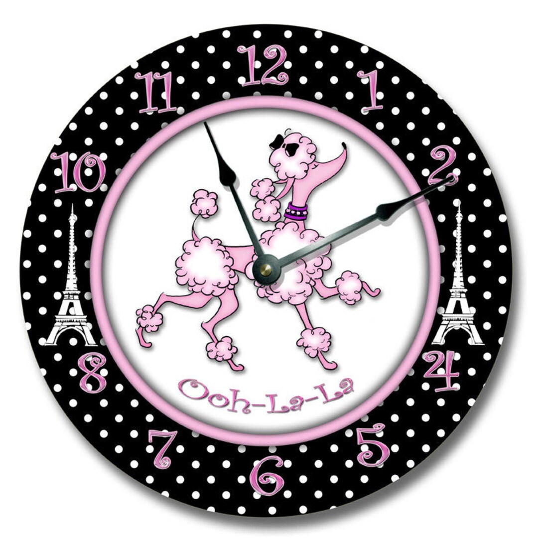 POODLE PINK PARIS Wall Clock - Nursery Clock - Large 10.5" Wall Clock ...