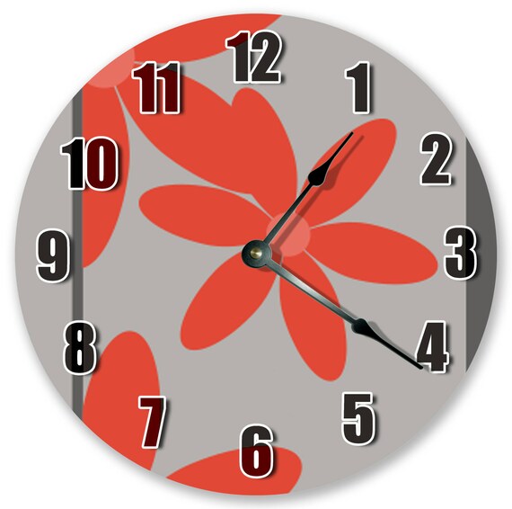 10.5 Red Floral Design Clock Gray and Red Clock - Etsy