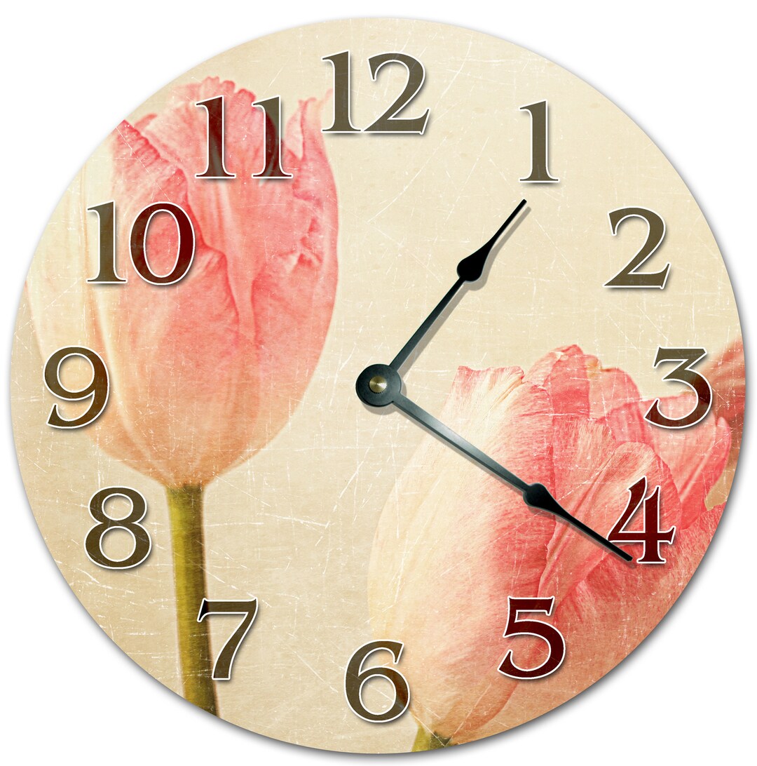 10.5" PINK TULIP Clock - Living Room Clock - Large 10.5" Wall Clock ...