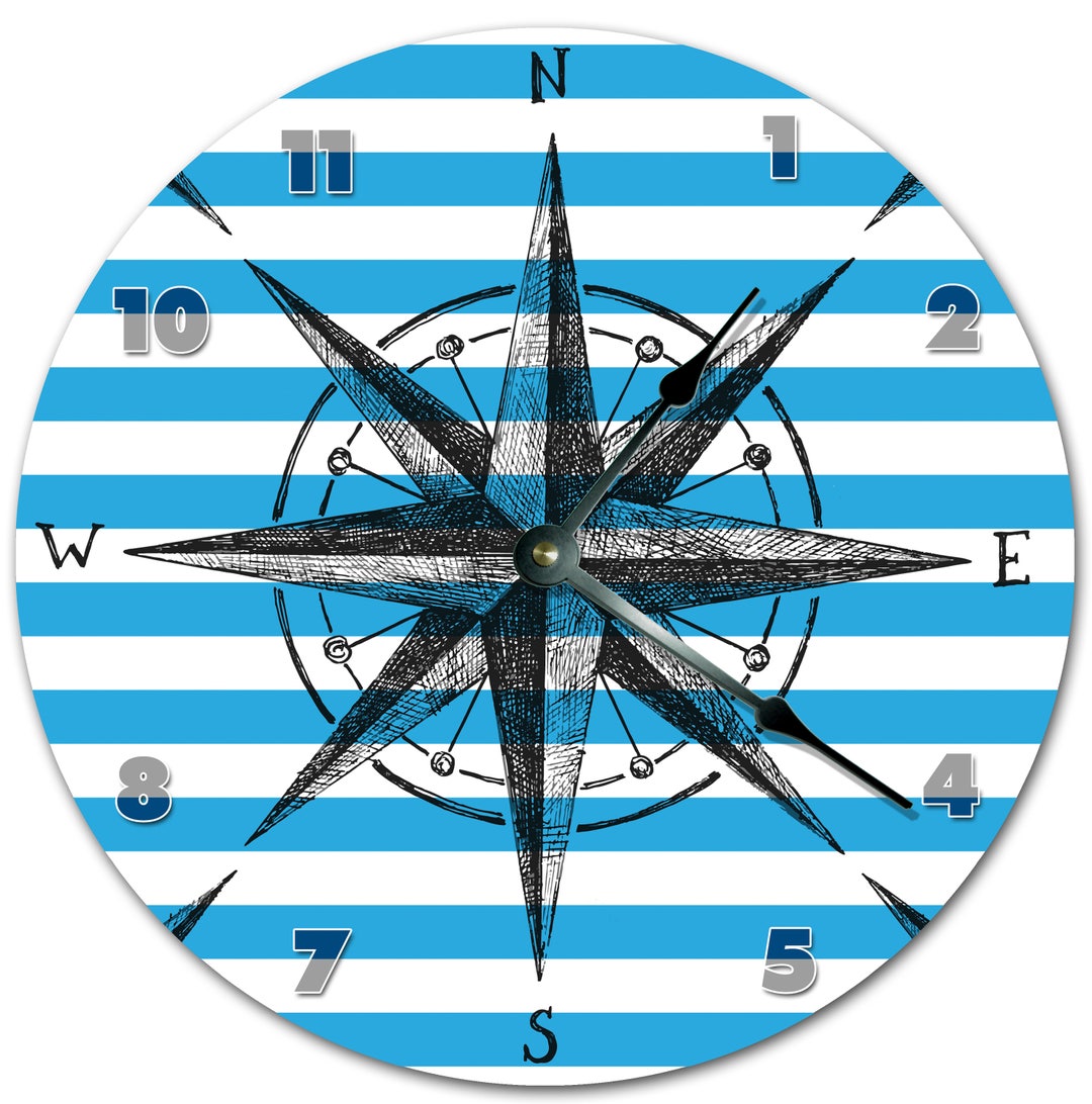 Compass Rose Clock: Blue & White Nautical Wall Decor (10.5") - Etsy