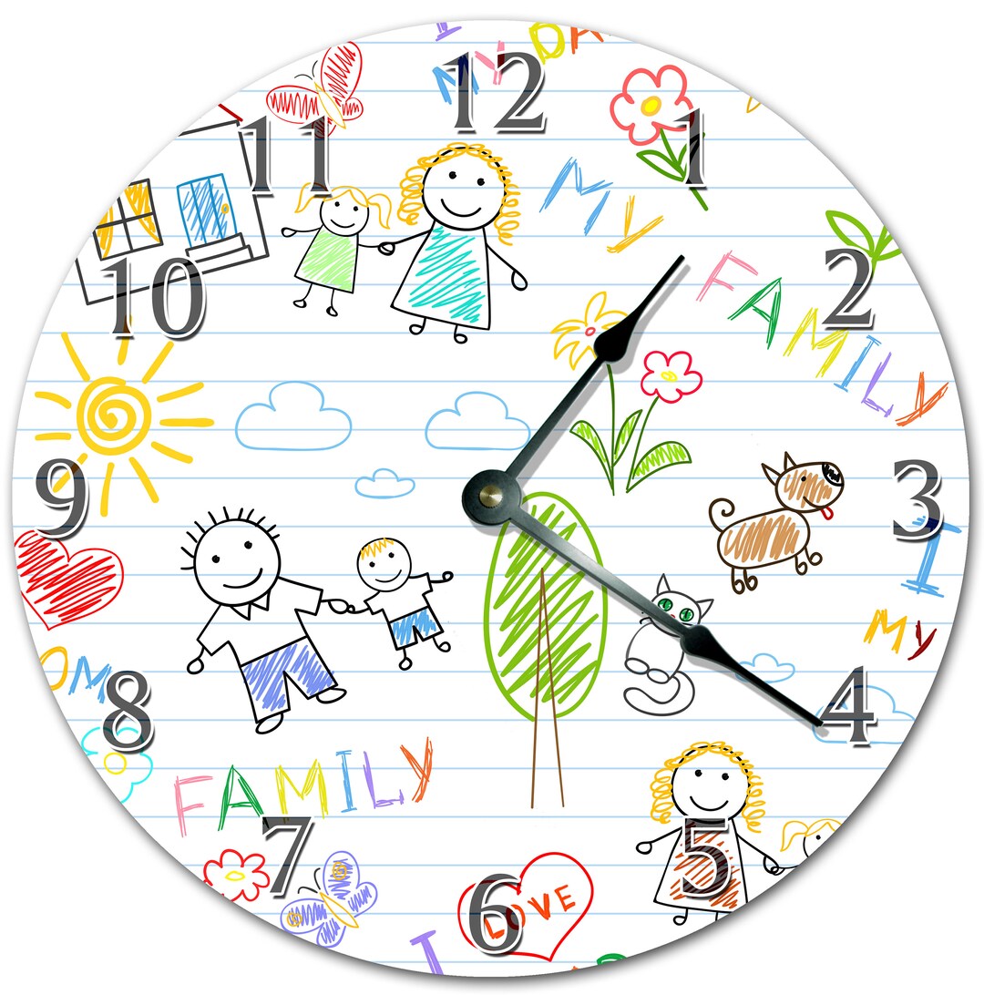 10.5" Kids Drawing MY FAMILY Clock - Living Room Clock - Large 10.5 ...