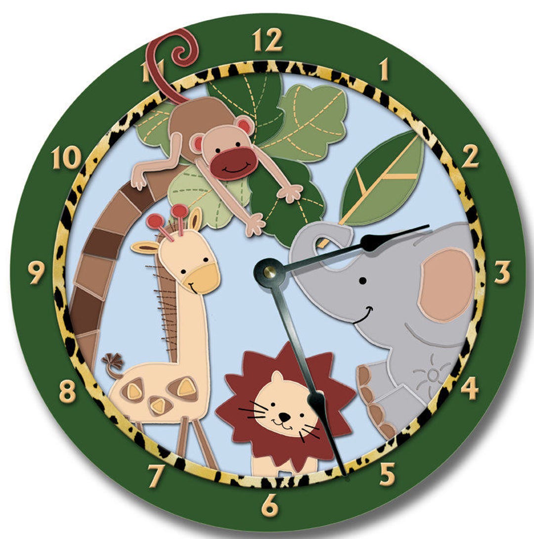 ZOO SAFARI or JUNGLE Personalized Wall Clock - Cartoon Clock - Nursery ...