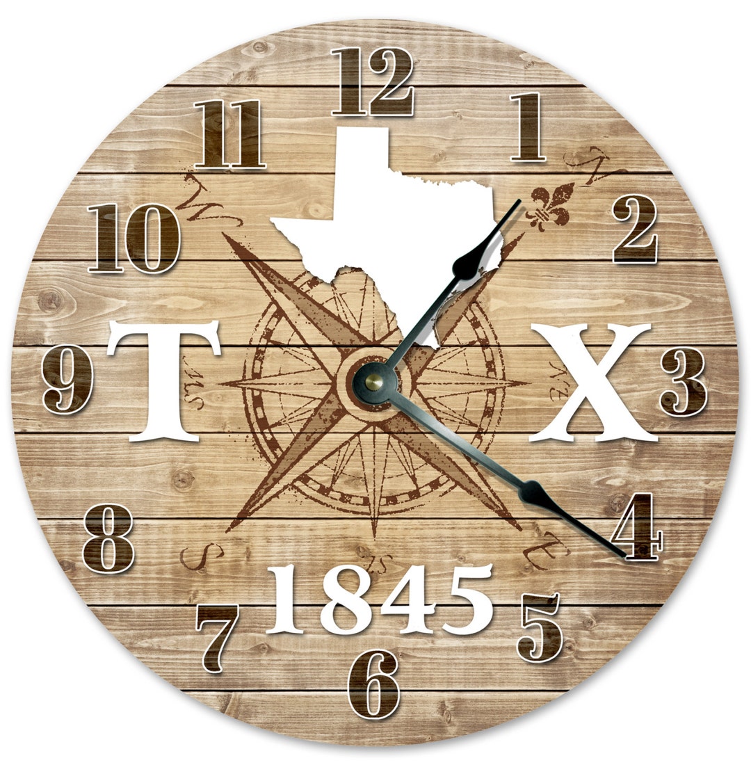 TEXAS CLOCK Established in 1845 Compass Map Clock - Large 10.5 Inch ...