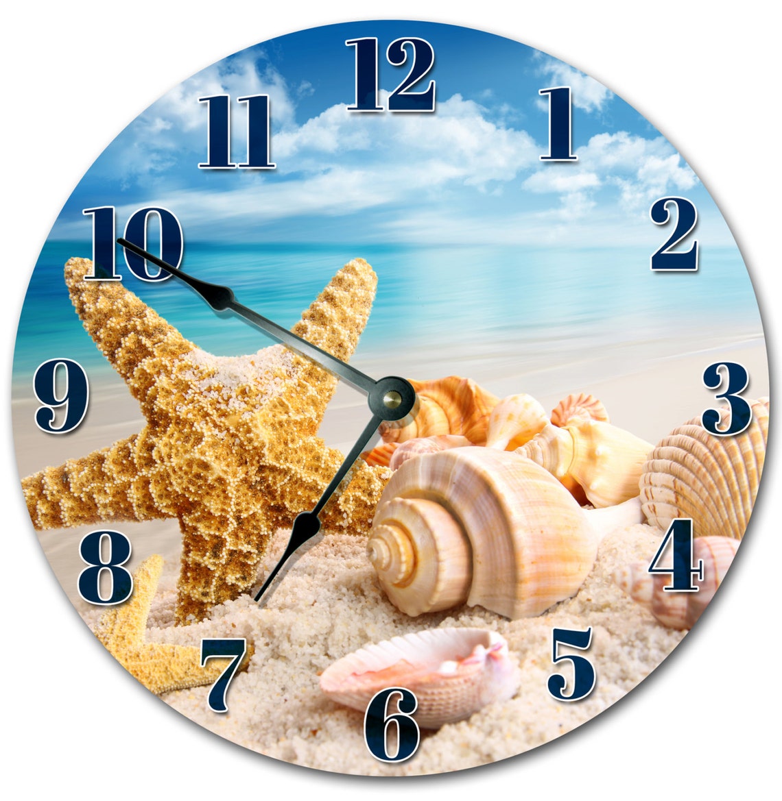 SEA SHELLS on BEACH Clock Sand Ocean Surf Clock Large 10 Inch | Etsy