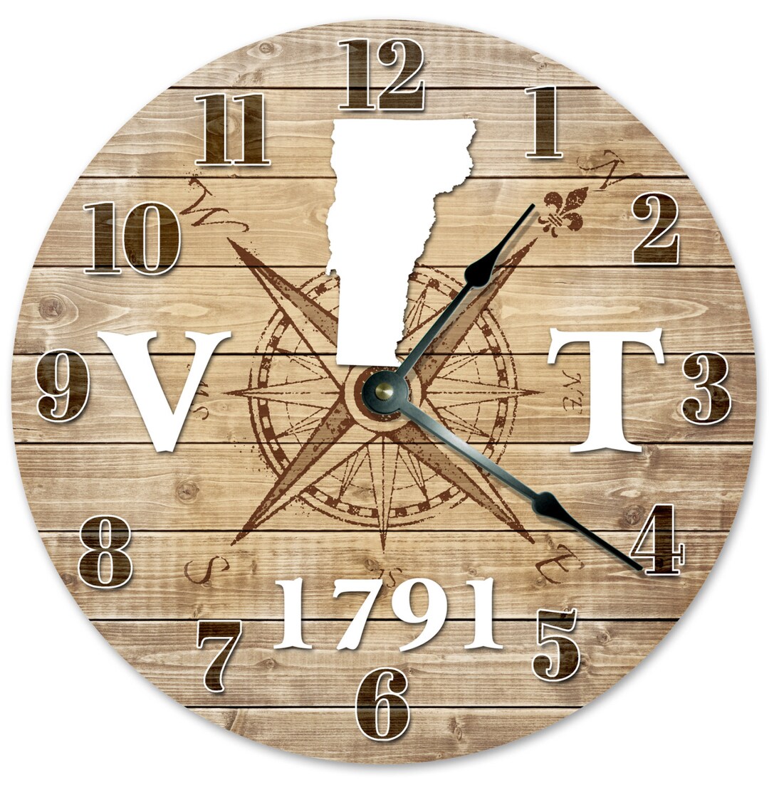 VERMONT Established in 1791 Compass Map Clock - Large 10.5 Inch Clock ...