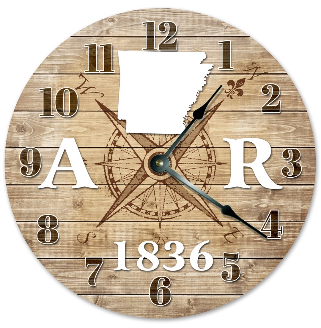 ARKANSAS Established in 1836 Compass Map Clock - Large 10.5 Inch Clock ...