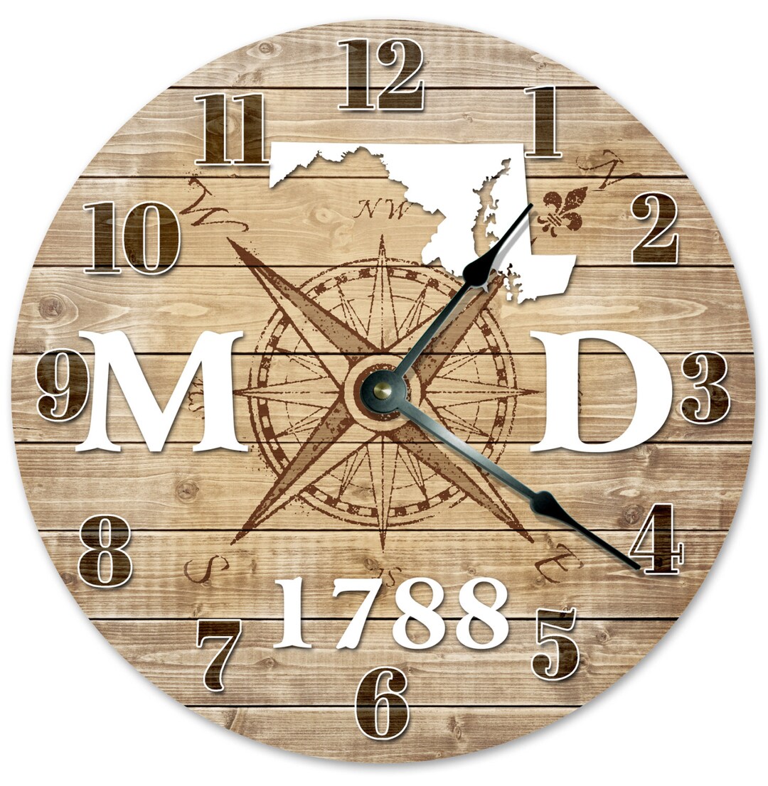 MARYLAND Established in 1788 Compass Map Clock Large 10.5 Inch Clock ...