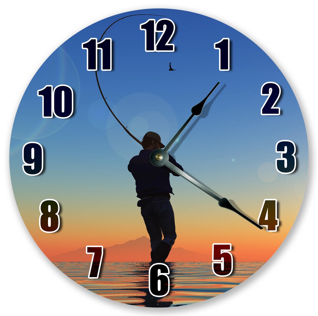 10.5" FISHERMAN FISHING CLOCK - Beach Clock - Round Wall Clock - Cabin ...