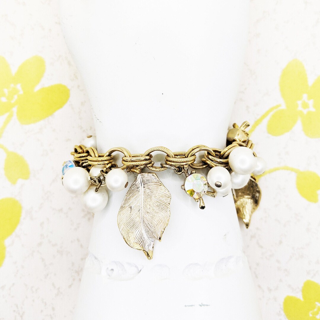 Charmed, I'm Sure - 1950s Charm Bracelet: Gold Tone Leaves, Faux Pearls ...