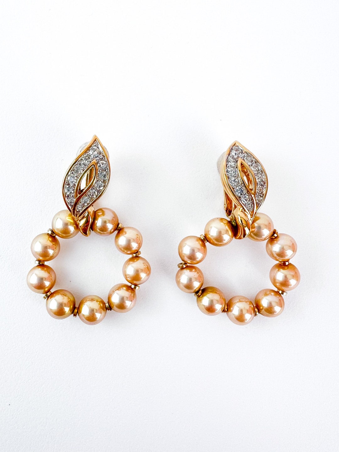 Vintage Nina Ricci Pearl Hoop Earrings: Gold Tone Rhinestone Dangle - Etsy