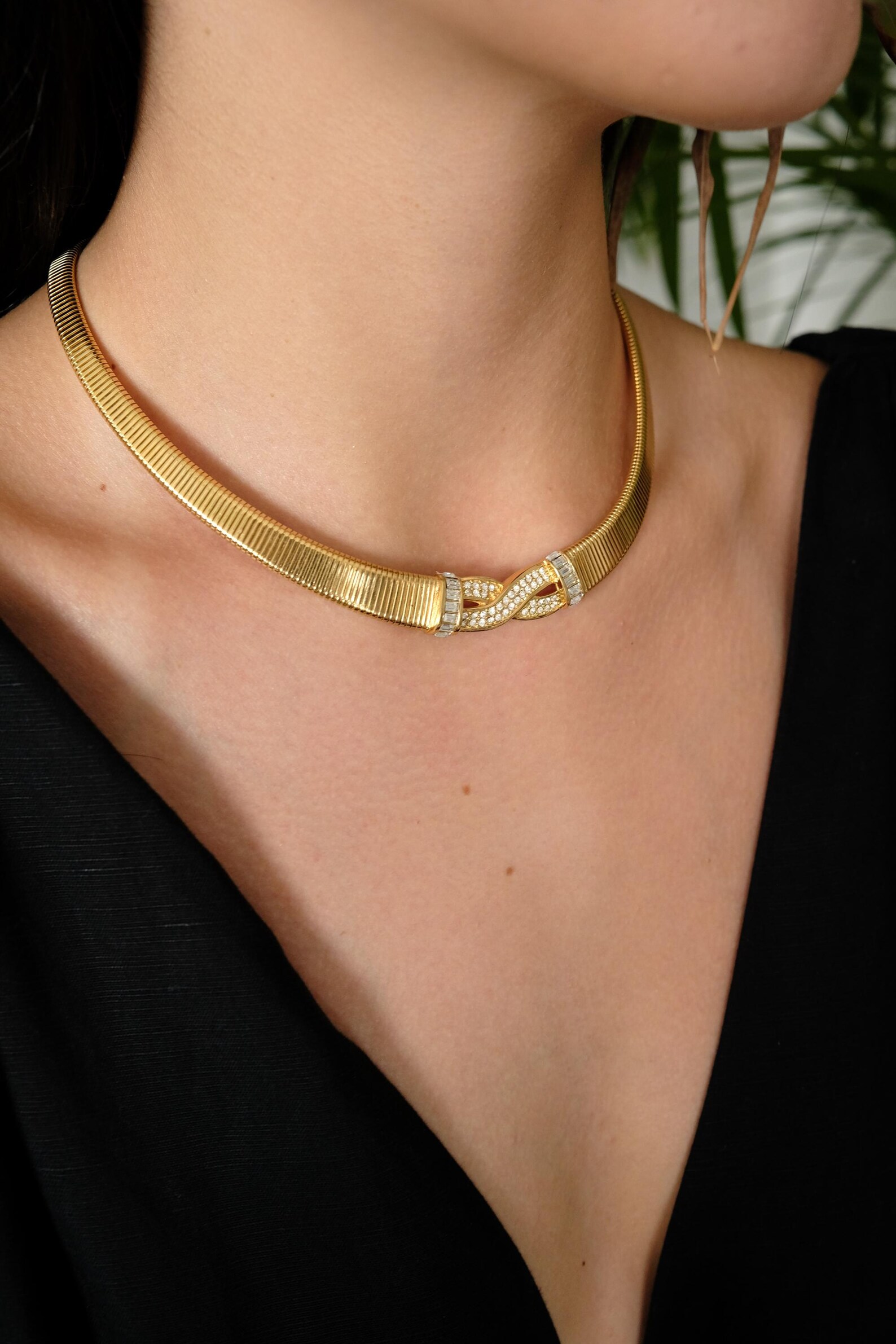 Vintage Christian Dior Choker: Gold Snake Chain Necklace, Rhinestone ...