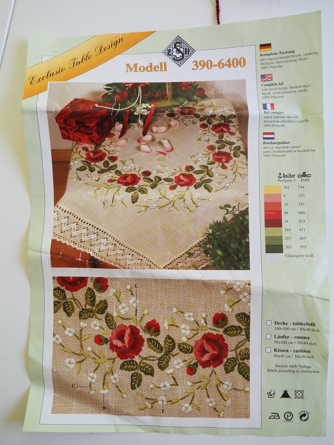 Red Roses German Tablecloth Embroidery Kit 40 X40 for Cottage Style ...